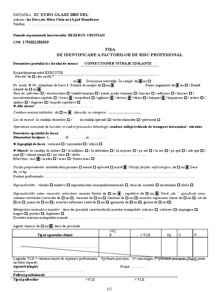 Fisa de Identificare A Factorilor de Risc Profesional 2018 | PDF
