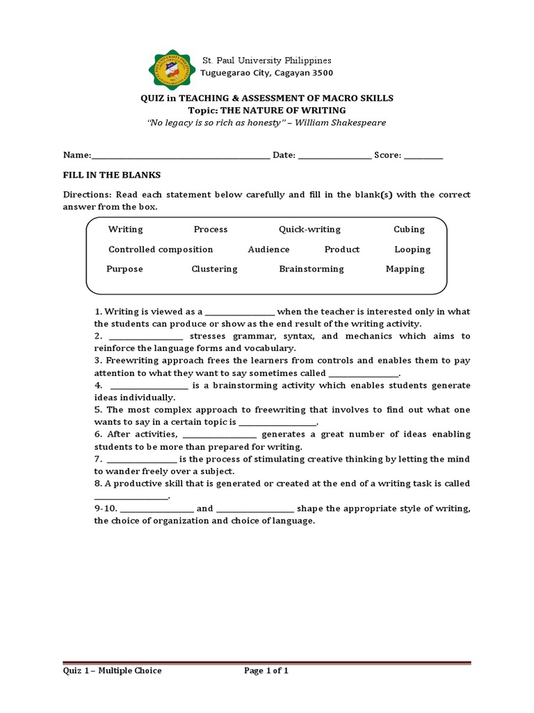 Fill in The Blank Test Items | PDF