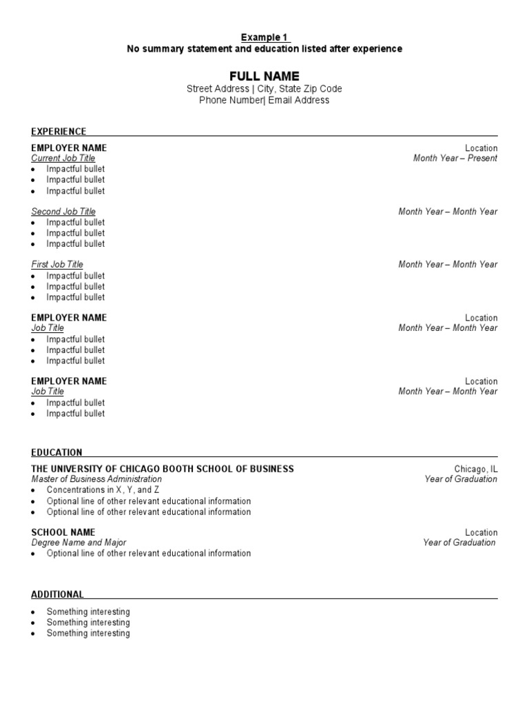 Full Name: Example 1 No Summary Statement and Education Listed After ...