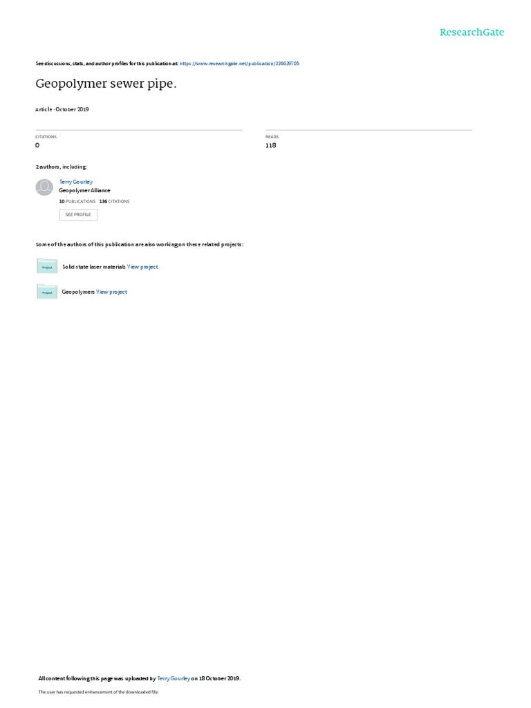 Geopolymer Sewer Pipe.: October 2019 | PDF | Corrosion | Concrete