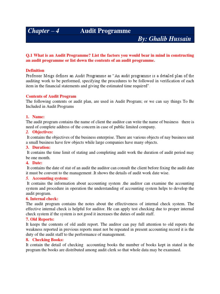Chapter - 4 Audit Programme By: Ghalib Hussain: 2. Objectives | PDF ...