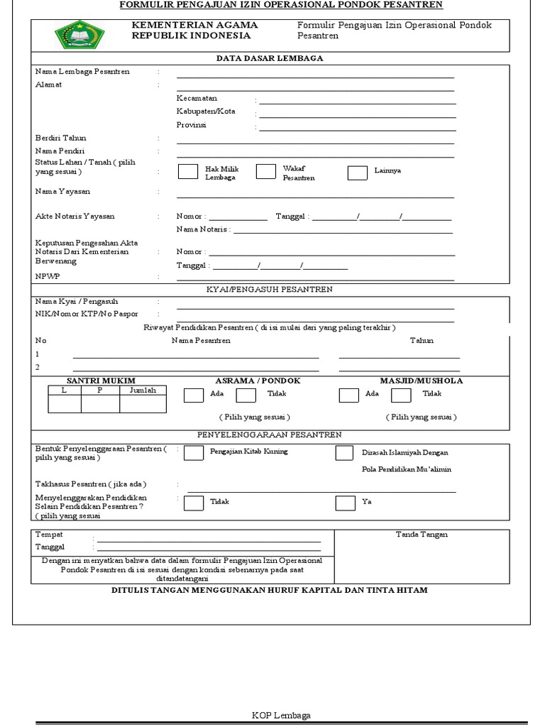 Form Pengajuan Izin Ponpes/Formulir Pengajuan Ijin Operasional | PDF ...