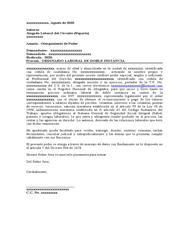Modelo Poder Demanda Laboral Decreto 806 de 2020 | PDF | Derecho