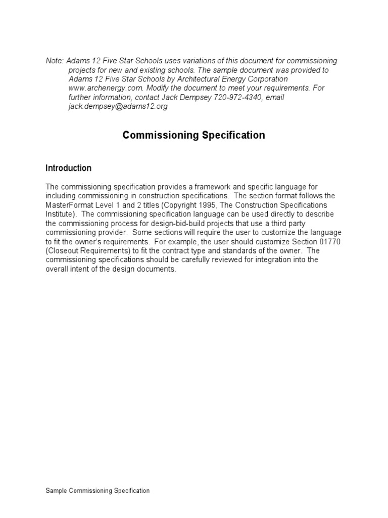 Sample Commissioning Spec Aec | PDF | Specification (Technical Standard ...