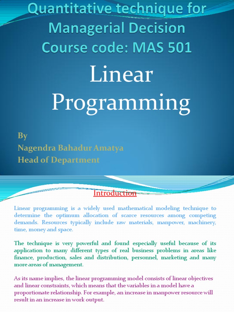 Linear Programming: by Nagendra Bahadur Amatya Head of Department | PDF ...