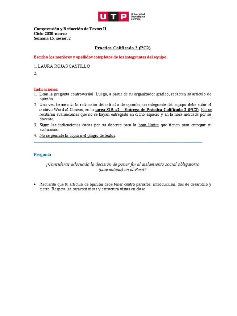 S15. s2 - Práctica Calificada 2 (PC2) Finalizada | PDF | Información | Perú