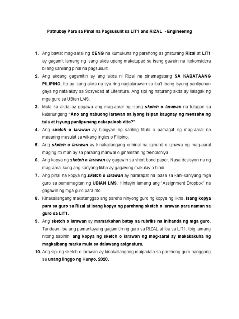 Patnubay para Sa Pinal Na Pagsusulit Sa RIZAL at LIT1 Engineering | PDF