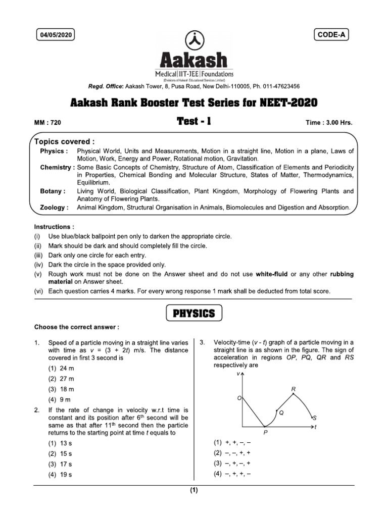 Aakash Rank Booster Test 1 - 04-05-2020 | PDF