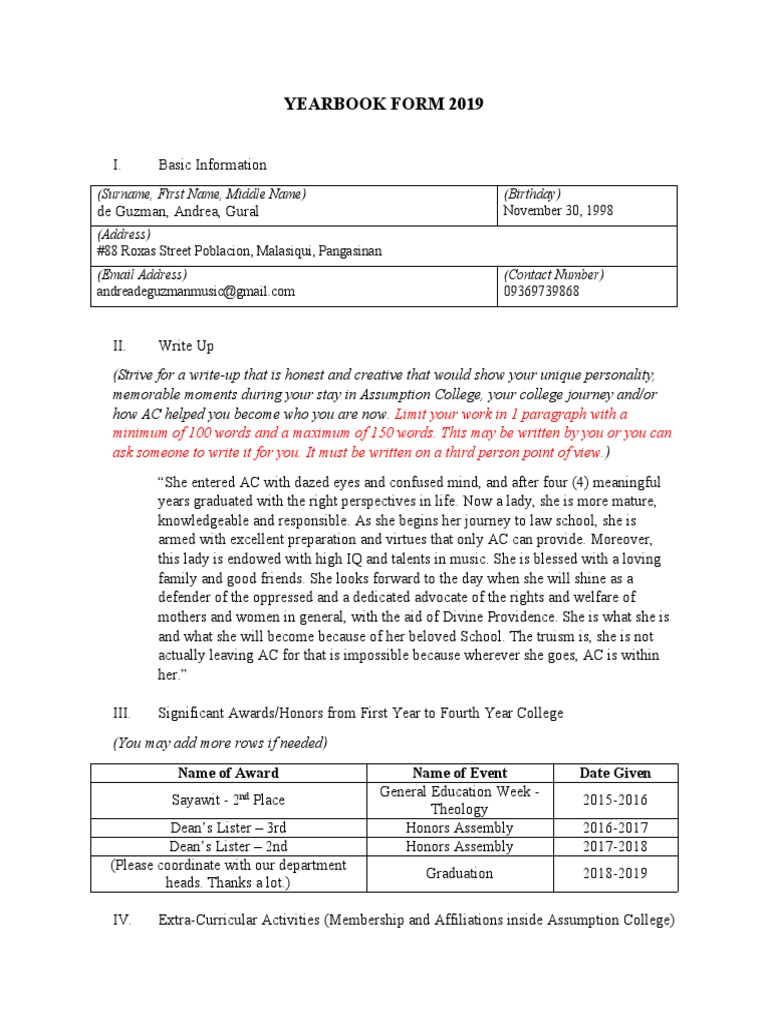 Yearbook Form 2019: (Surname, First Name, Middle Name) (Birthday ...