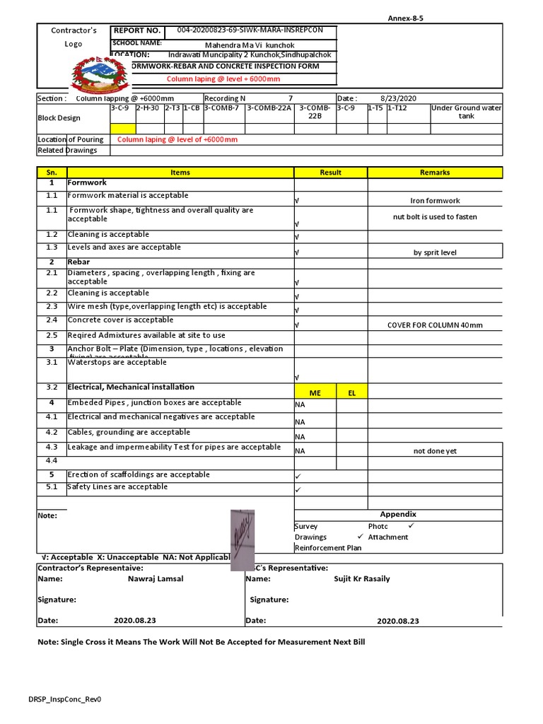 Inspection Report on Formwork, Rebar and Concrete Pouring for Column ...