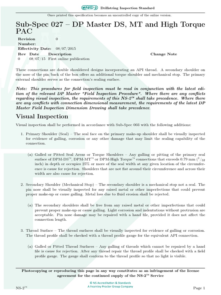 Sub-Spec 027 - DP Master DS, MT and High Torque PAC: Visual Inspection ...