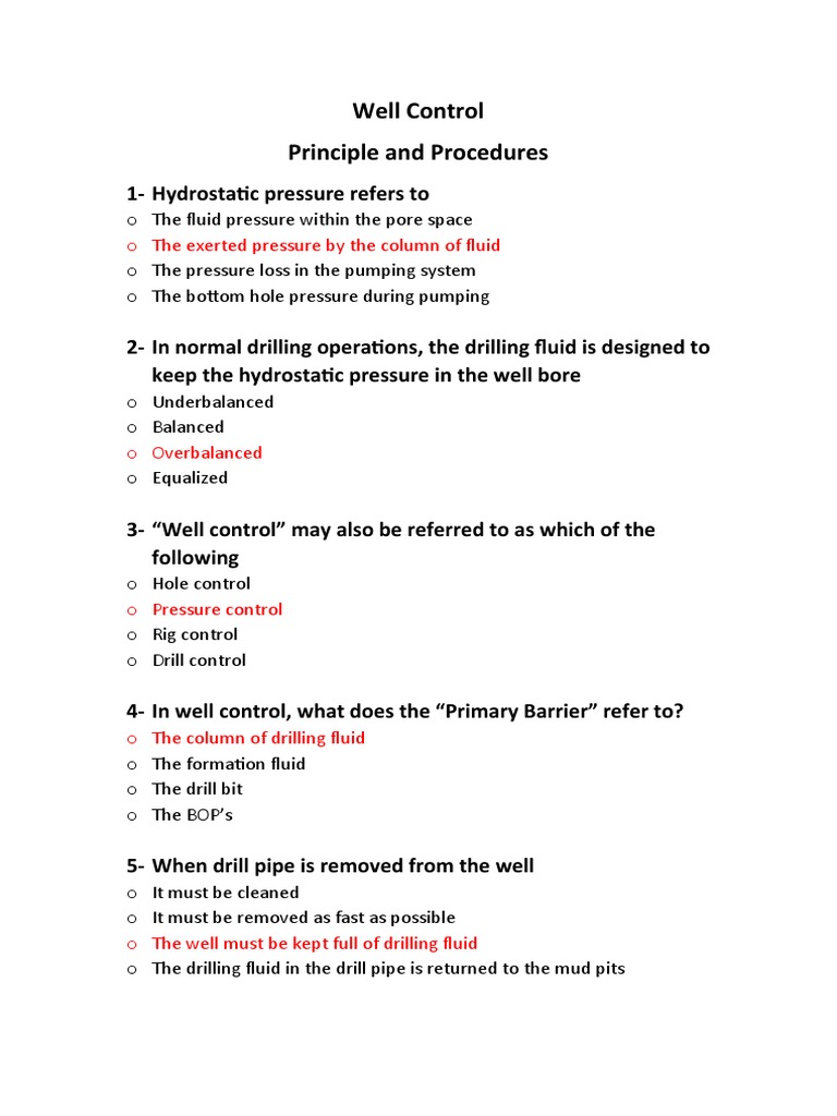 Well Control Principles & Procedures Model Answer | PDF