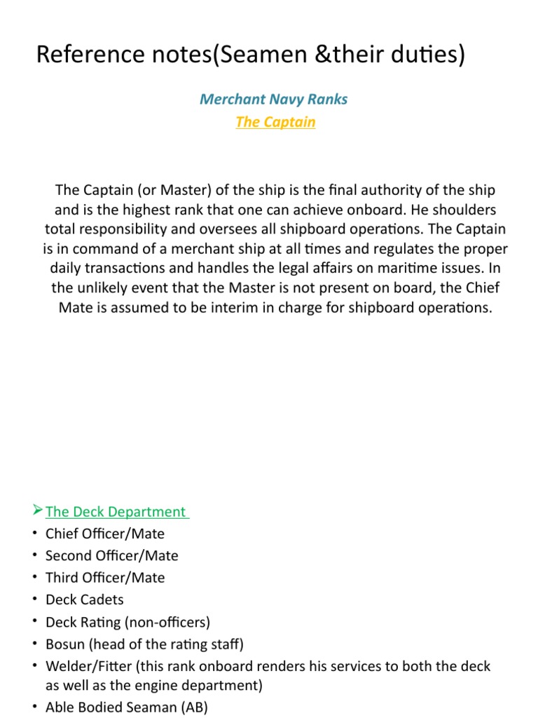 Reference Notes (Seamen &their Duties) : Merchant Navy Ranks | PDF