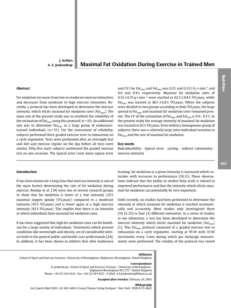 Maximal Fat Oxidation During Exercise in Trained Men: Max Min 2 1 | PDF ...