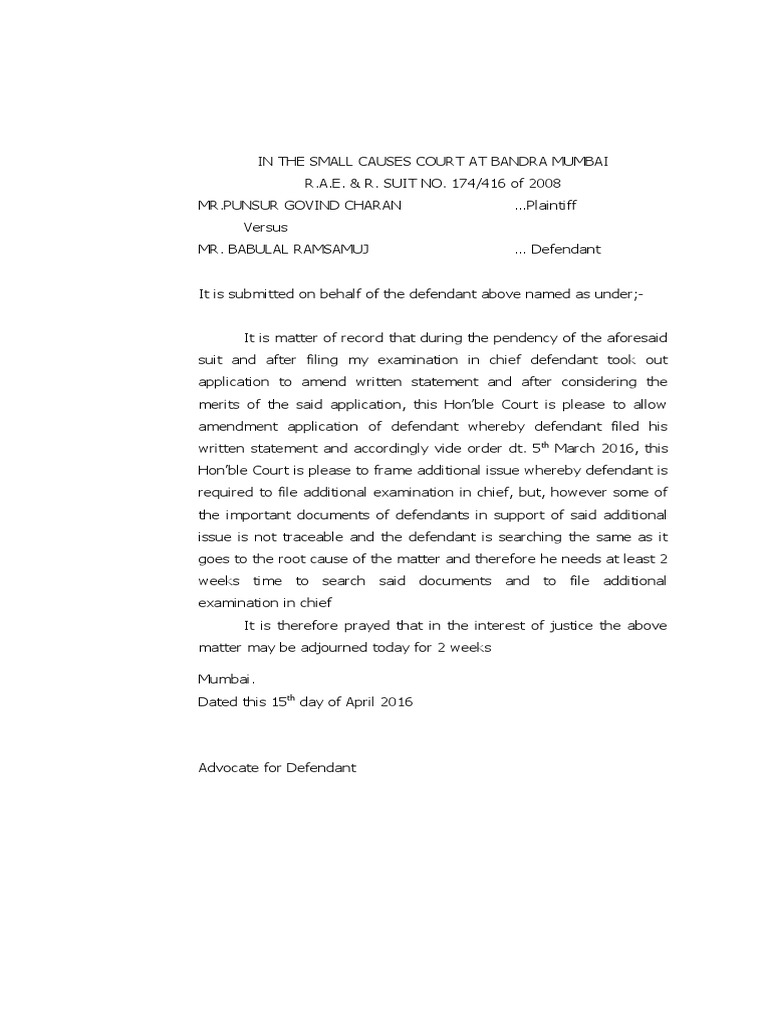 Adjournment Application | PDF | Advocate | Lawsuit