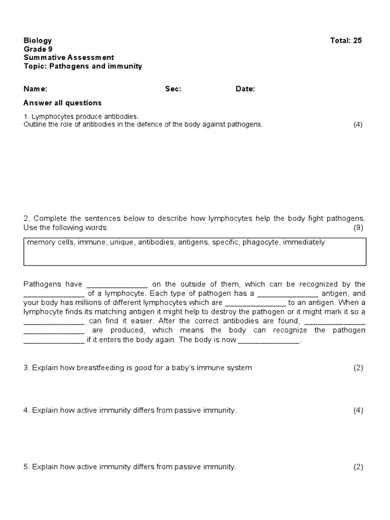 Biology Total: 25 Grade 9 Summative Assessment Topic: Pathogens and ...
