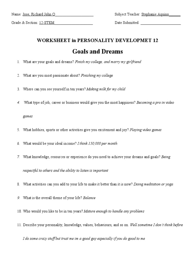 Goals and Dreams: Worksheet in Personality Developmet 12 | PDF ...