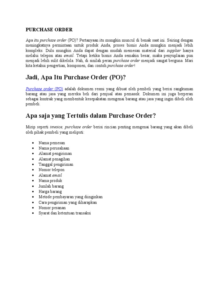 Pengertian dan Contoh Purchase Order | PDF