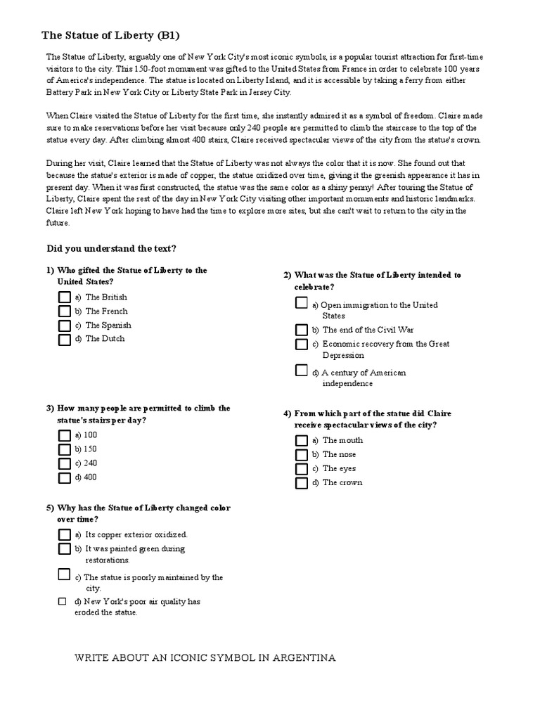 The Statue of Liberty (B1) : Did You Understand The Text? | PDF | New ...