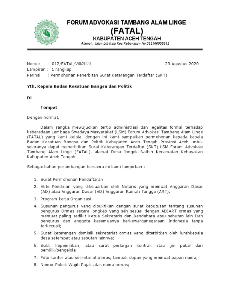 Contoh Surat Permohonan Pendaftaran Kesbangpol Pdf