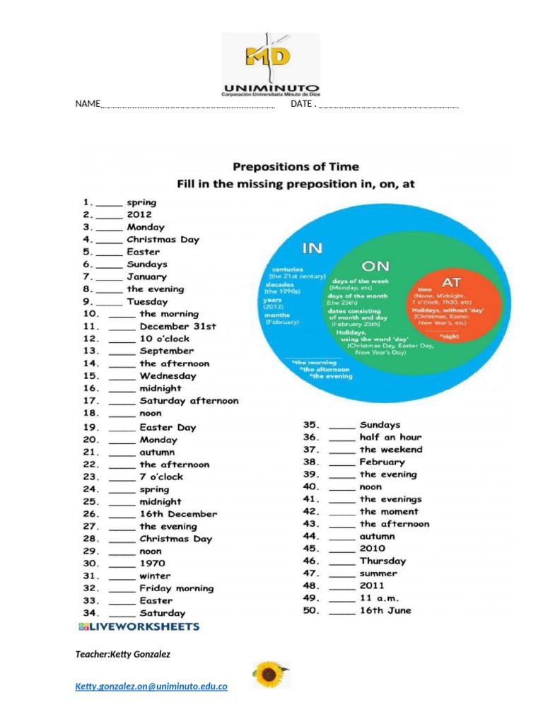 Unit 3. Prepositions of Time (In, On At) - English 2 | PDF | Wellness