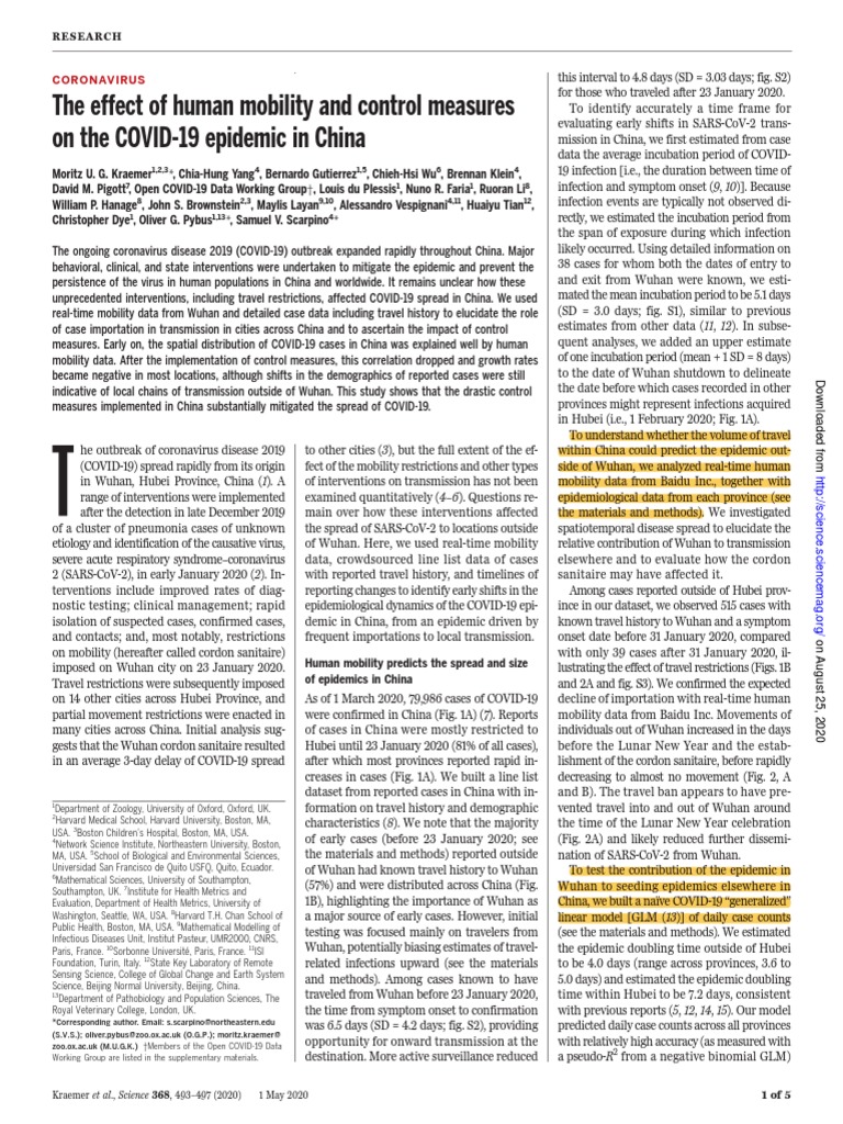 The Effect of Human Mobility and Control Measures On The COVID-19 Epidemic in China | PDF ...
