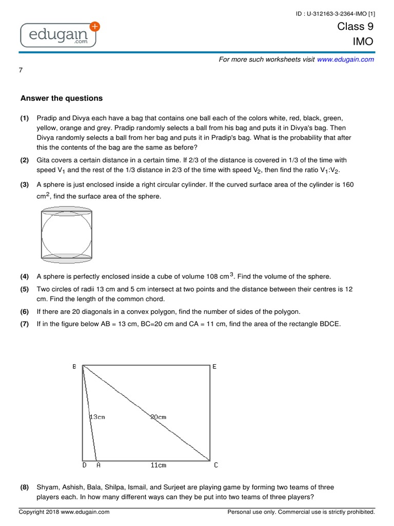 Class 9 IMO: Answer The Questions | PDF | Area | Sphere
