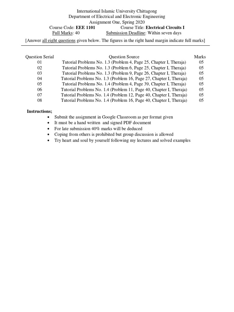 Assignment I Question EEE 1101 SP 20 MAU | PDF