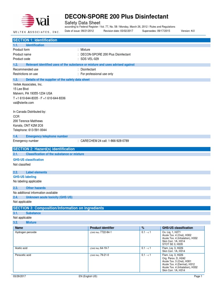 DECON SPORE 200 Plus Disinfectant VEL 029 SDS North America English NAE ...