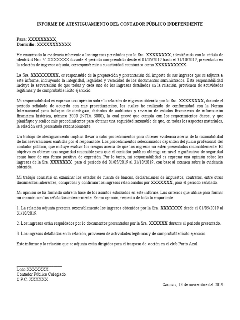Informe Nuevo Certificacion de Ingresos Modelo | PDF | Contador | Business