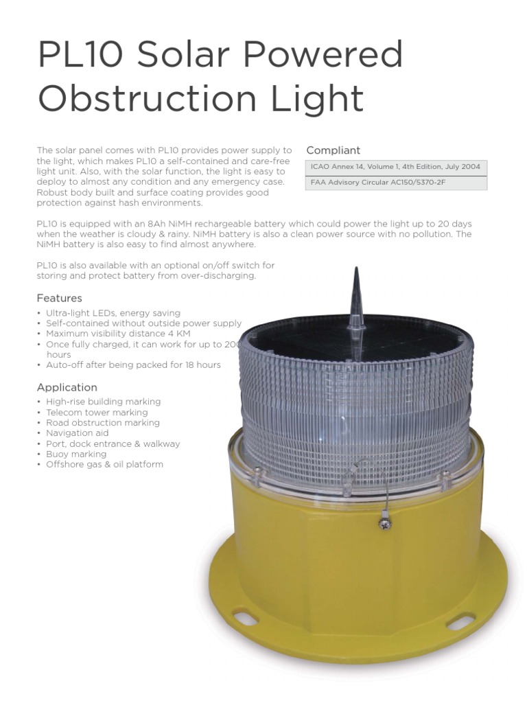 PL10 Solar Powered Obstruction Light: Compliant | PDF | Solar Power ...