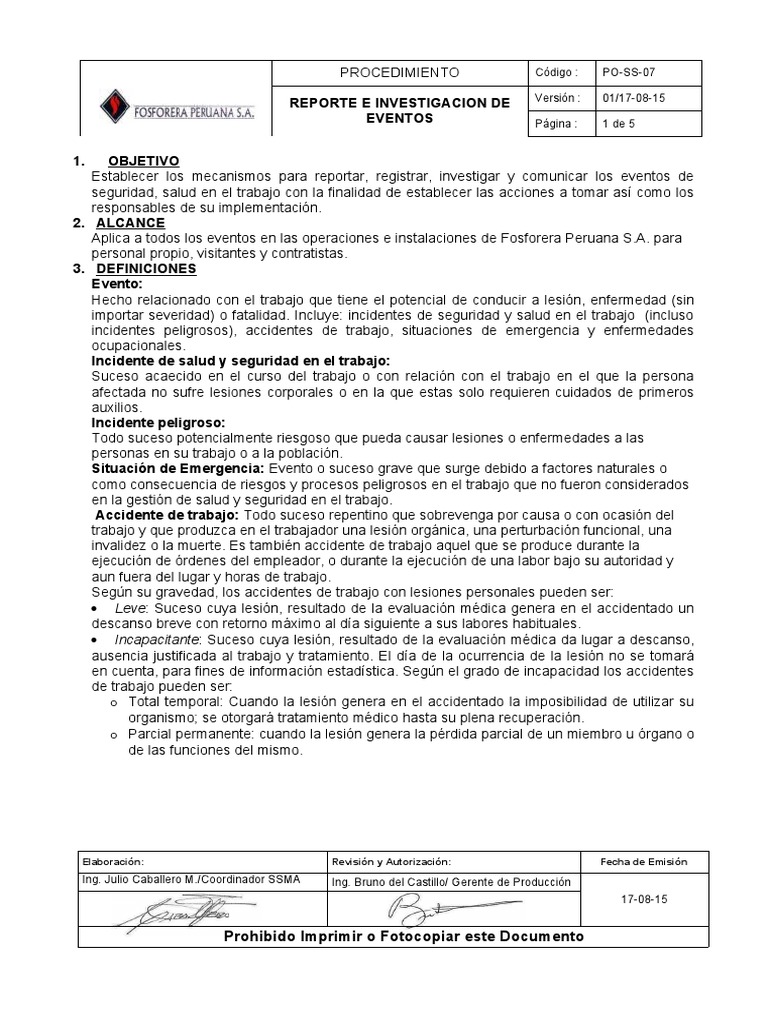 PO-SS-07 Reporte e Investigacion de Eventos | PDF | Accidente (general ...