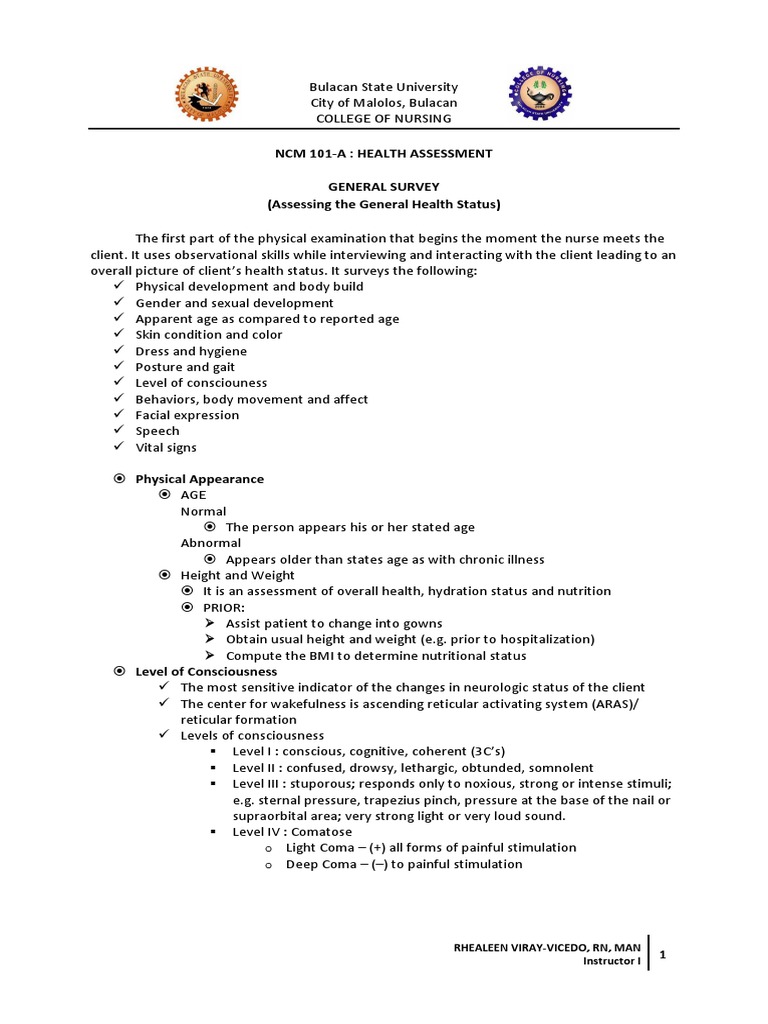 NCM 101-A: Health Assessment General Survey (Assessing The General ...