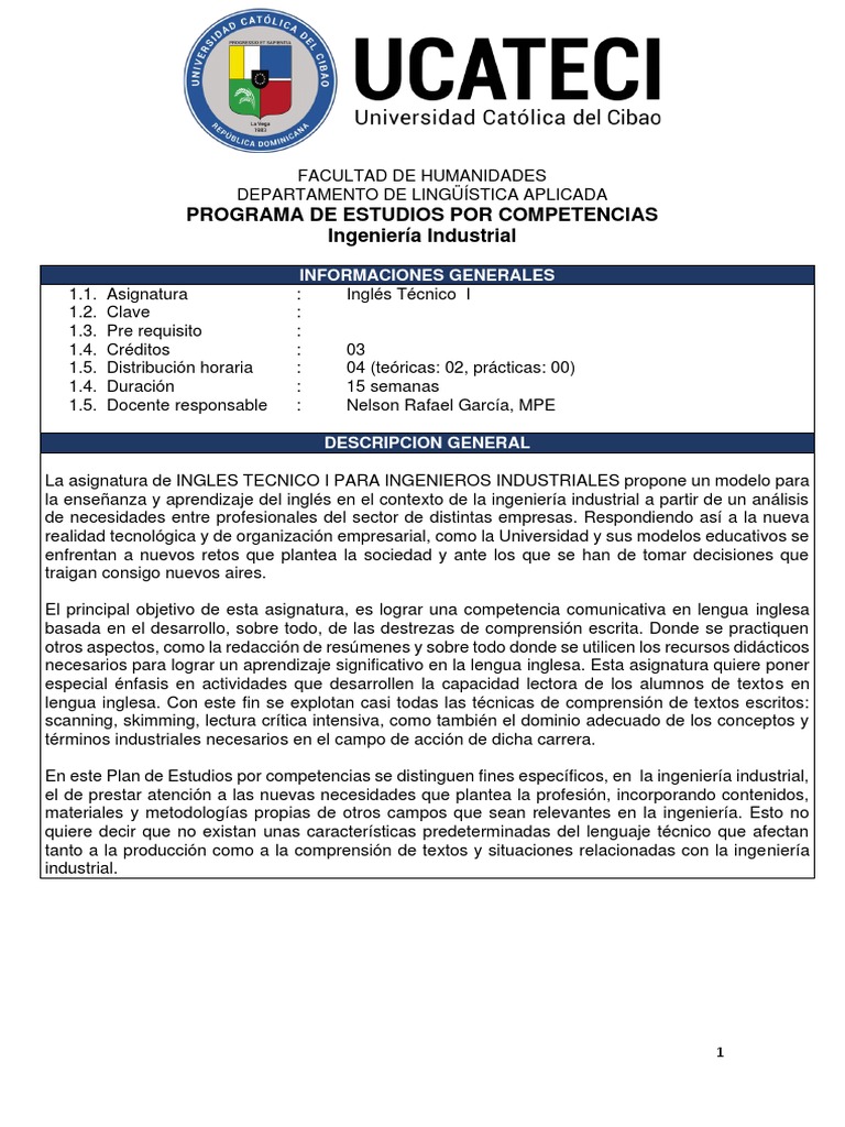 Programa de Ingles Técnico | PDF | Ingeniería | Plan de estudios