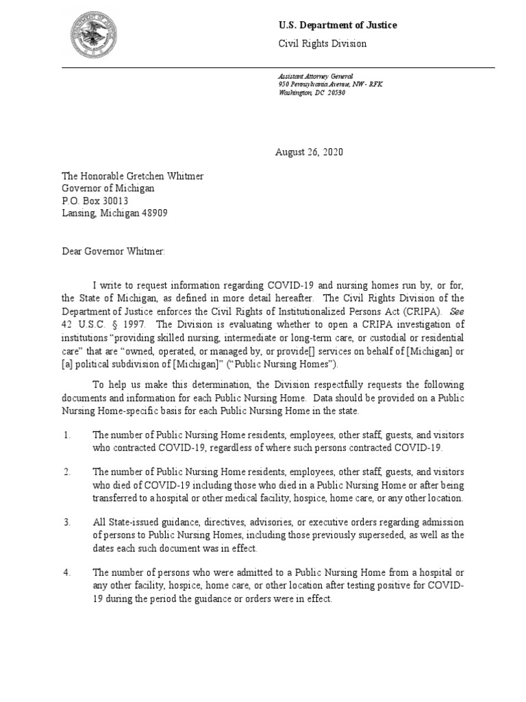 DOJ CRIPA Request For COVID-19 Nursing Home Death Data Letter To ...