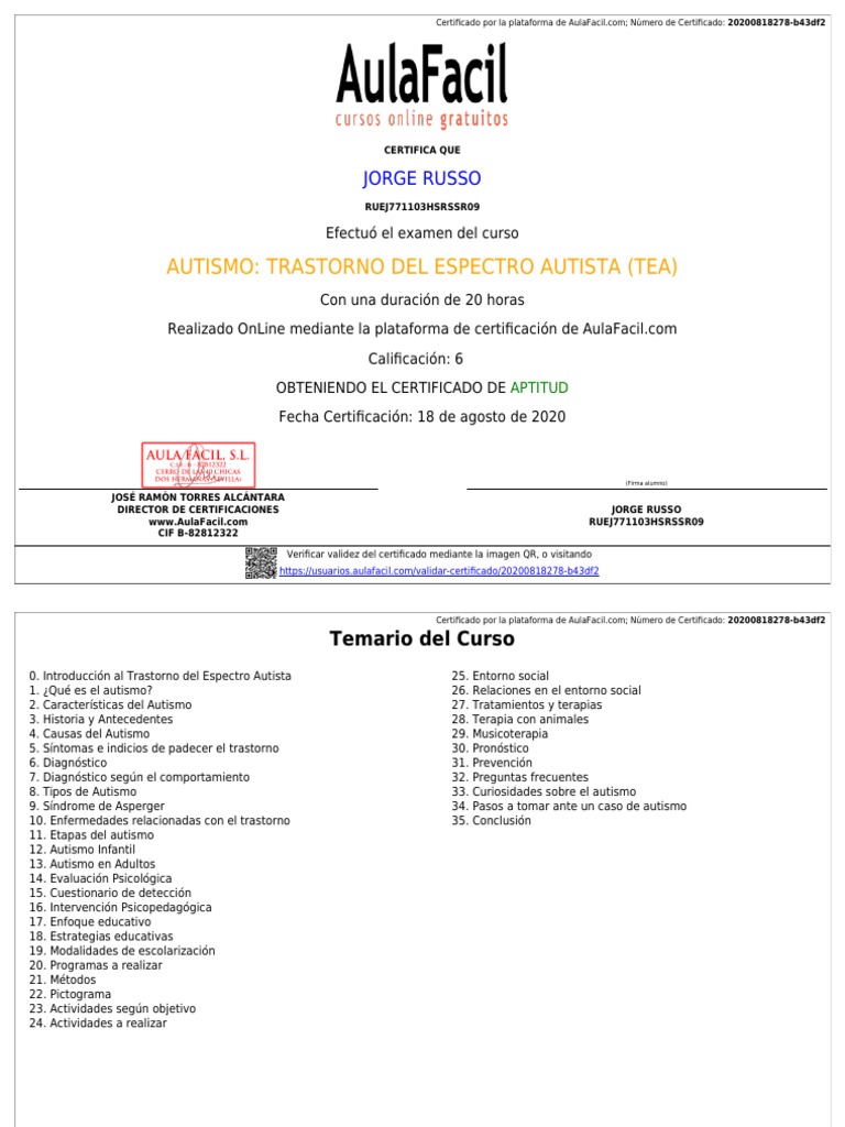 Certificado TEA | PDF | Espectro autista | Enfermedades y trastornos
