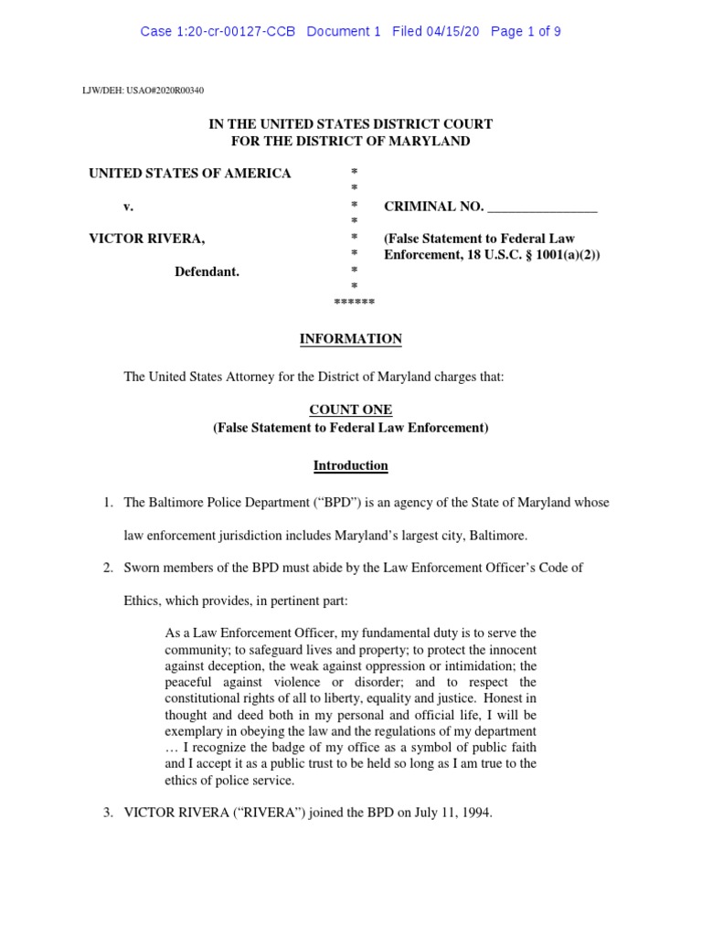 Case 1:20-cr-00127-CCB Document 1 Filed 04/15/20 Page 1 of 9 | PDF | Baltimore Police Department ...