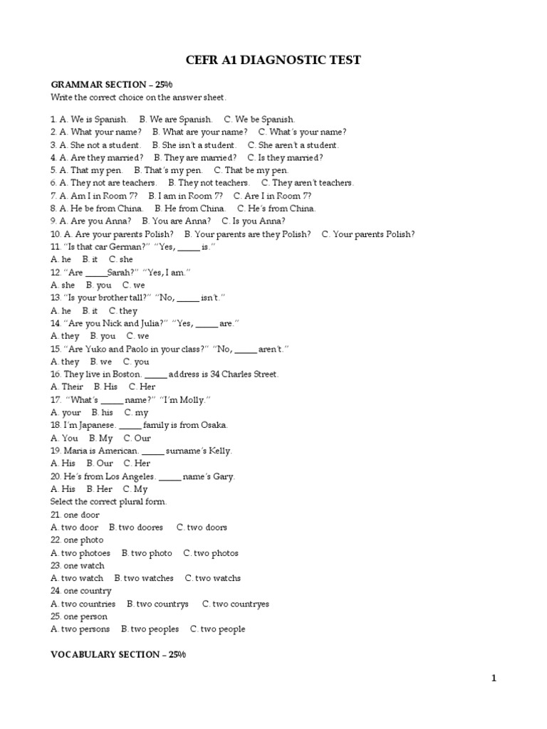 CEFR A1 Diagnostic Test | PDF | Communication