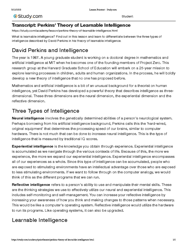 Perkins Theory of Learnable Intelligence | PDF | Intelligence ...