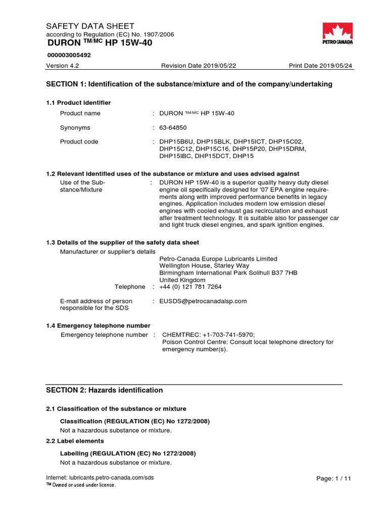 Duron HP 15W-40: Safety Data Sheet | PDF | Toxicity | Dangerous Goods