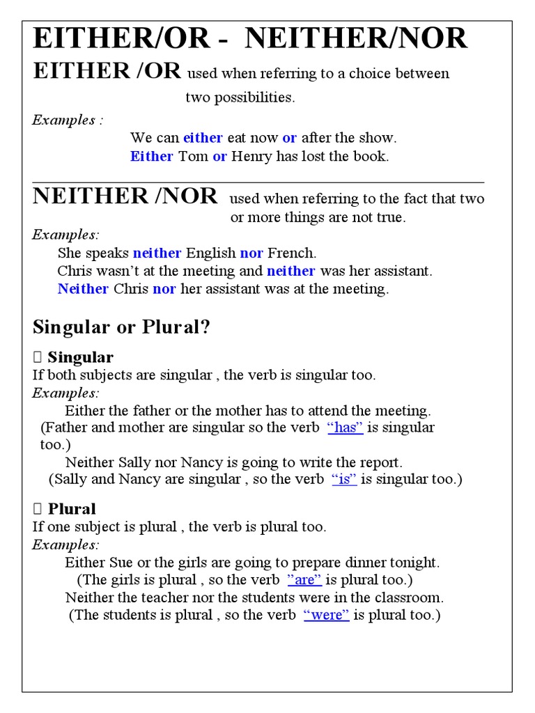 Grammar rules for either/or and neither/nor | PDF