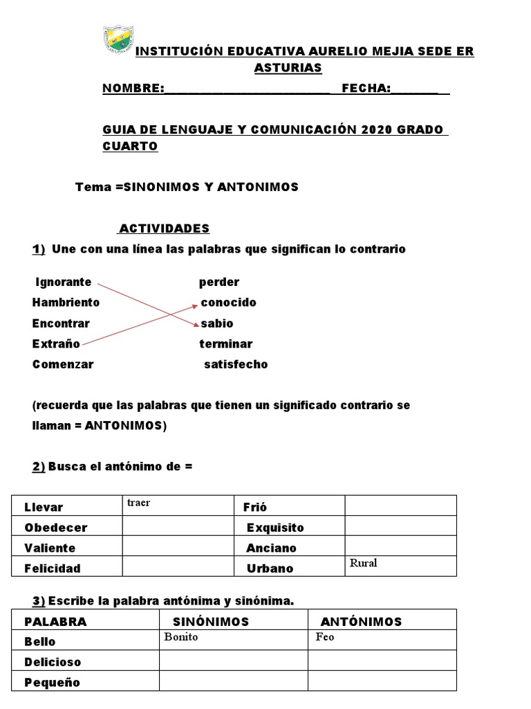 Hojas De Trabajo De Sinónimos Y Antónimos De Cuarto Grado GUÍA DE