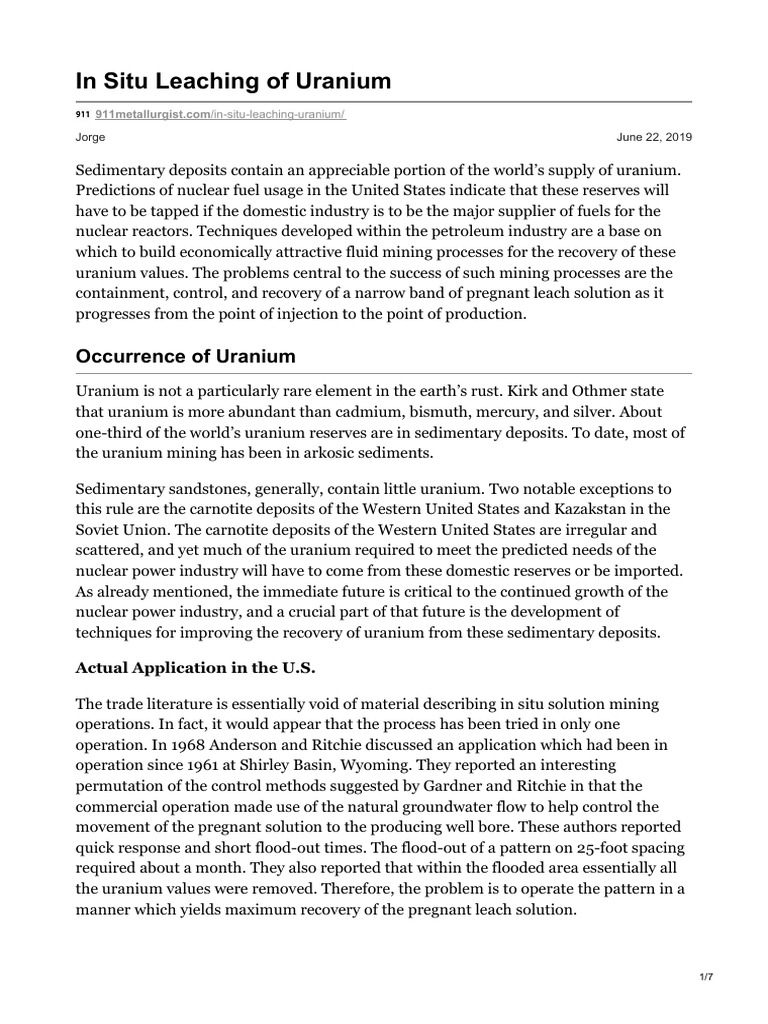 In Situ Leaching of Uranium | PDF | Uranium | Petroleum Reservoir
