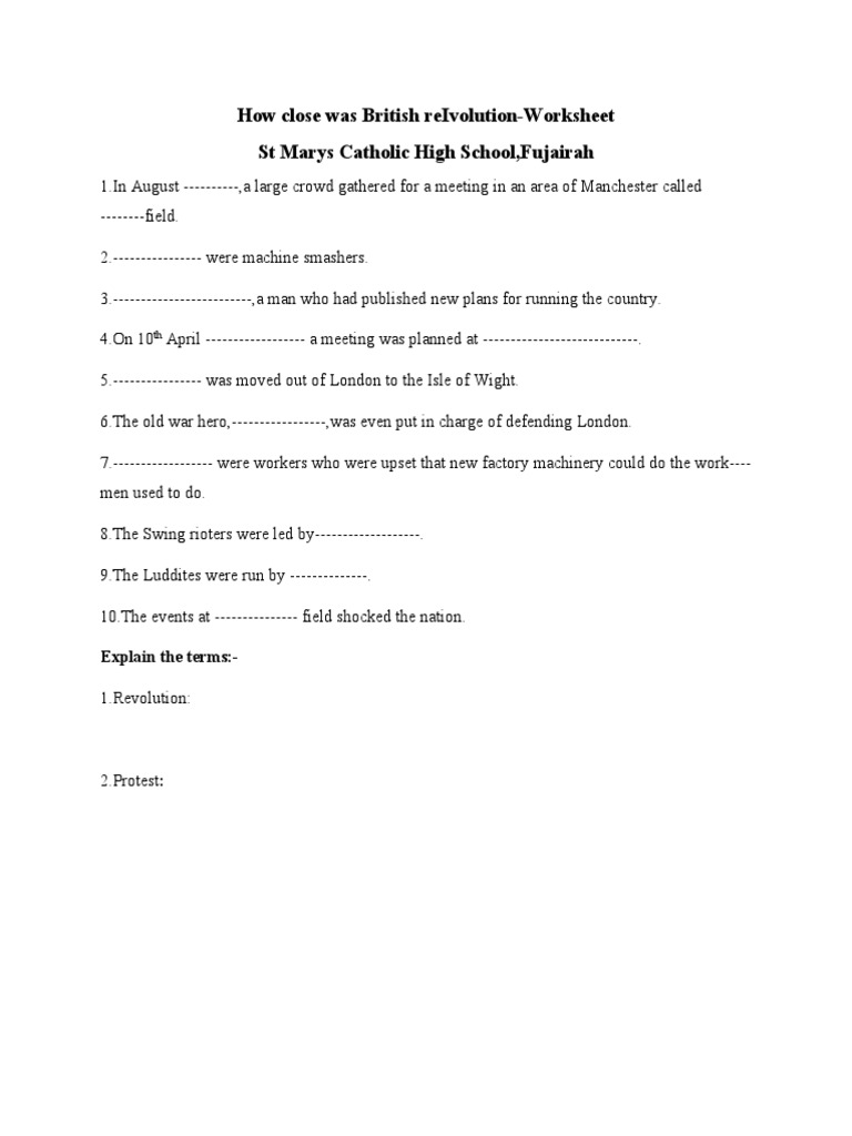 British Revolution Overview Worksheet | PDF
