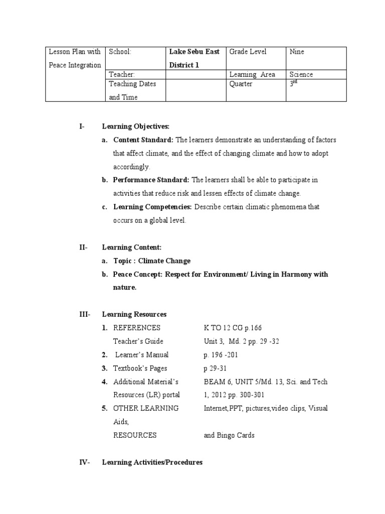 Peace Integration in Climate Change Lesson | PDF | Lesson Plan | Learning