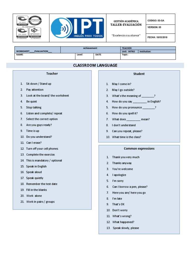 Classroom Language: Teacher Student | PDF