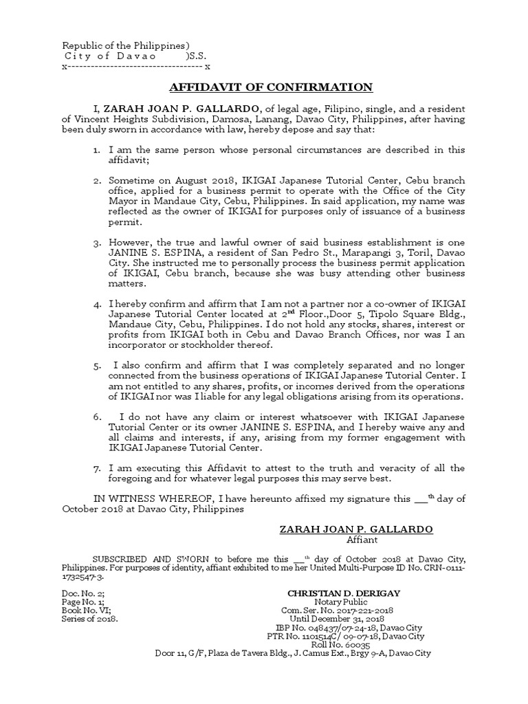 Affidavit of Confirmation: Zarah Joan P. Gallardo | Download Free PDF ...