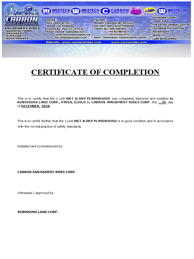 Certificate of Completion RP Pavia Wet Playground | PDF
