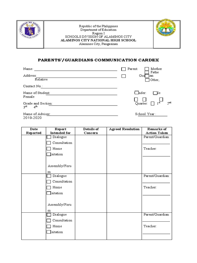 Parents'/Guardians Communication Cardex: Alaminos City National High ...