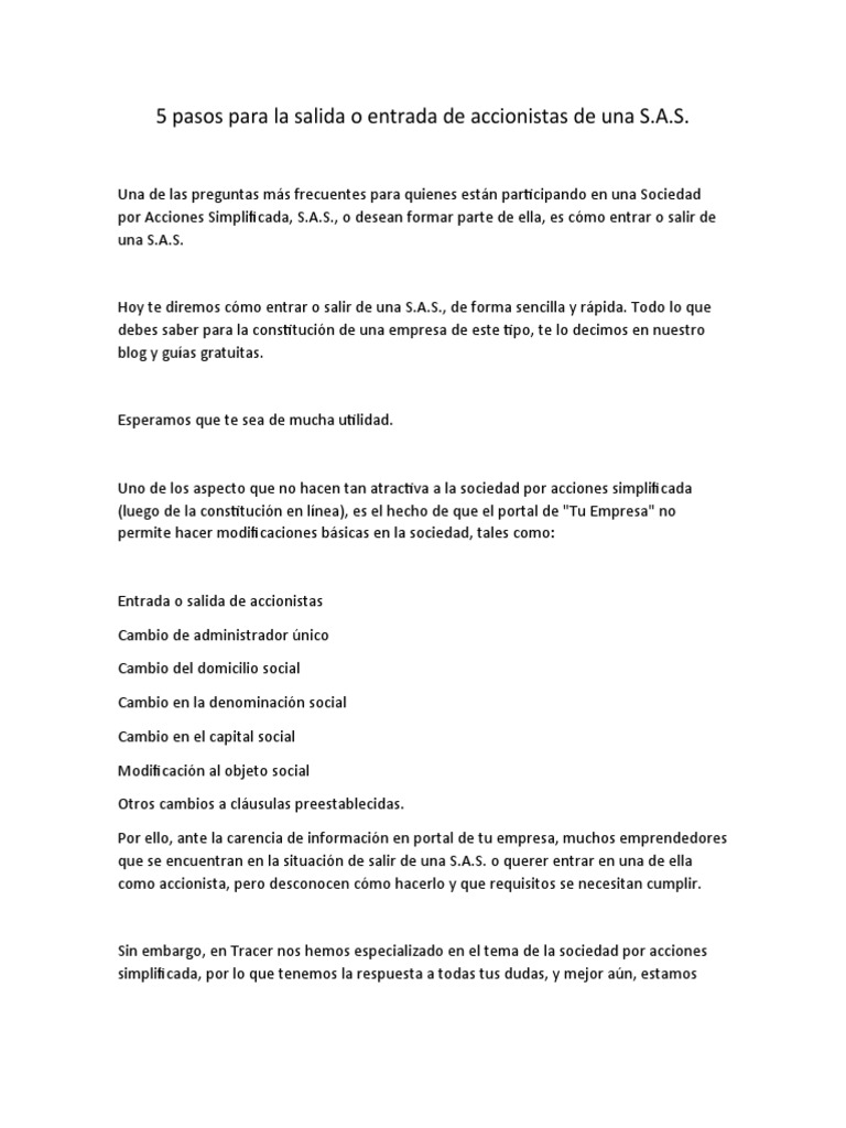 5 Pasos Para La Salida O Entrada De Accionistas De Una Sas Descargar Gratis Pdf Compartir 